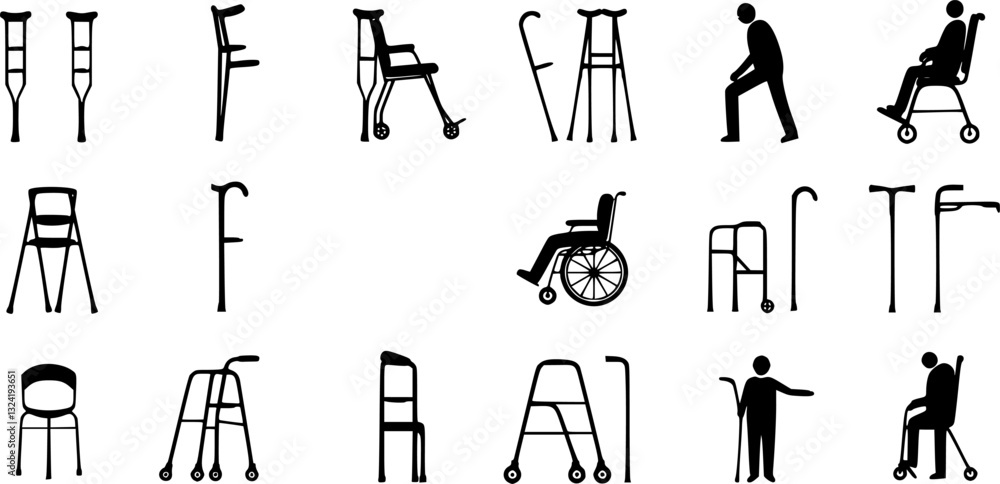 Black and white icons, minimalist chair designs, mobility aids, walking ...