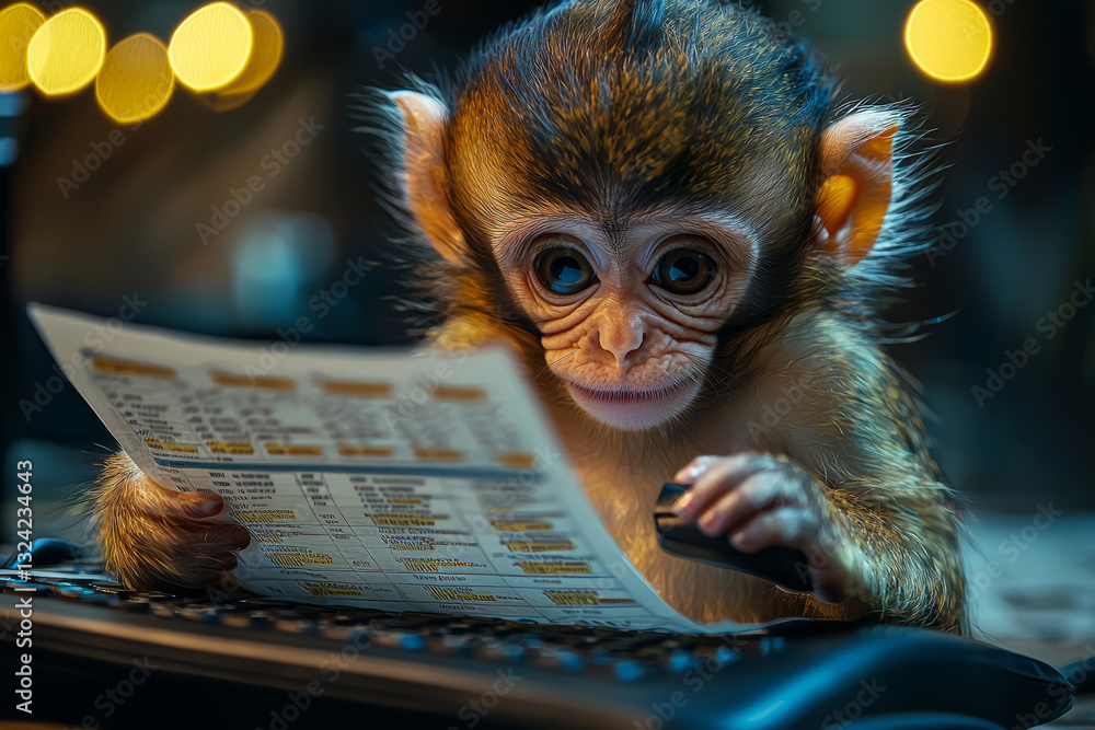 Monkey operating computer mouse navigating spreadsheet filled with data ...