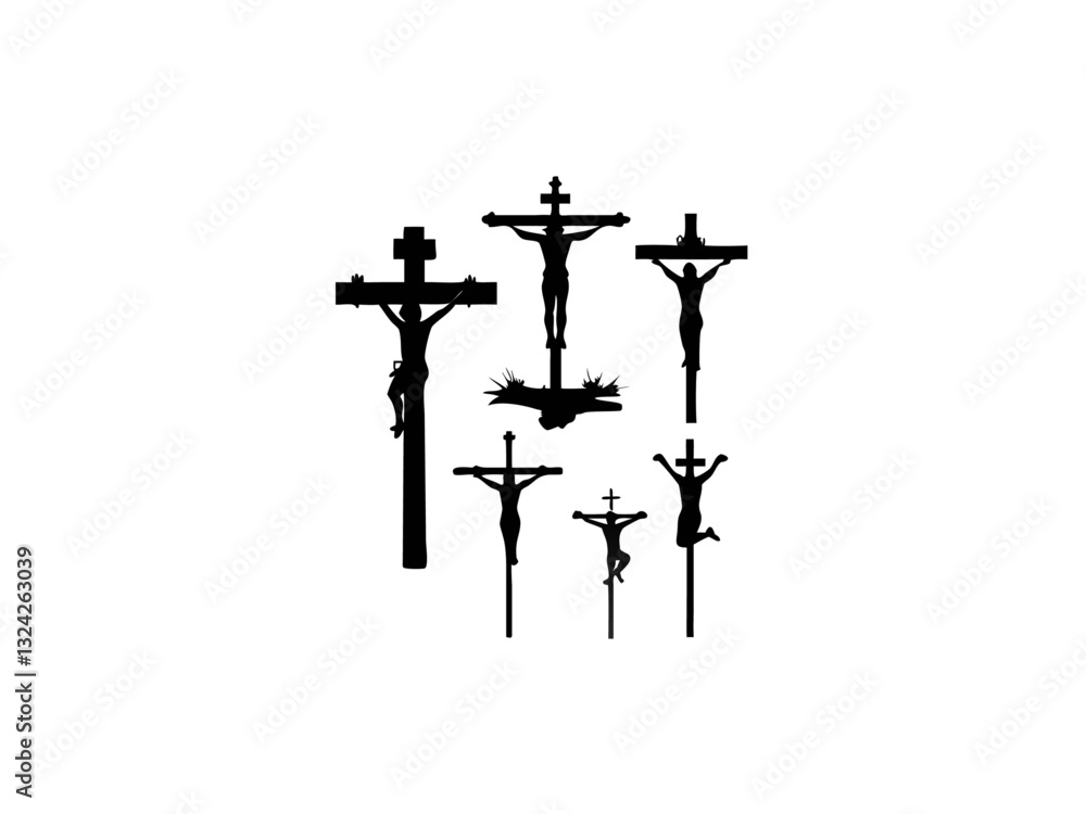 A black and white silhouette of Jesus on the cross, with several ...