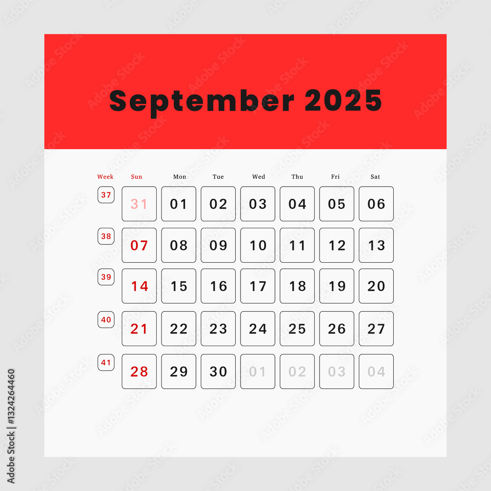 Letter calendar for Spetember 2025. The week begins on Sunday. Time ...