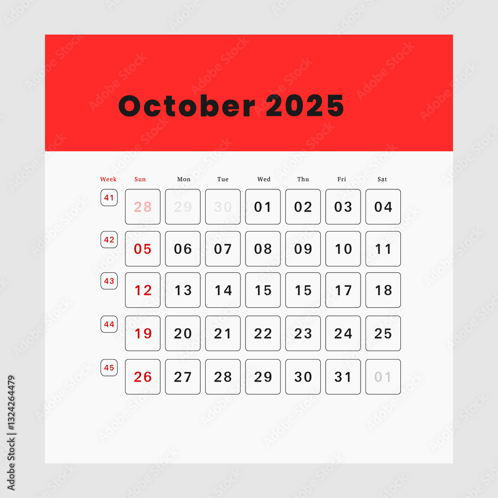 Letter calendar for October 2025. The week begins on Sunday. Time ...