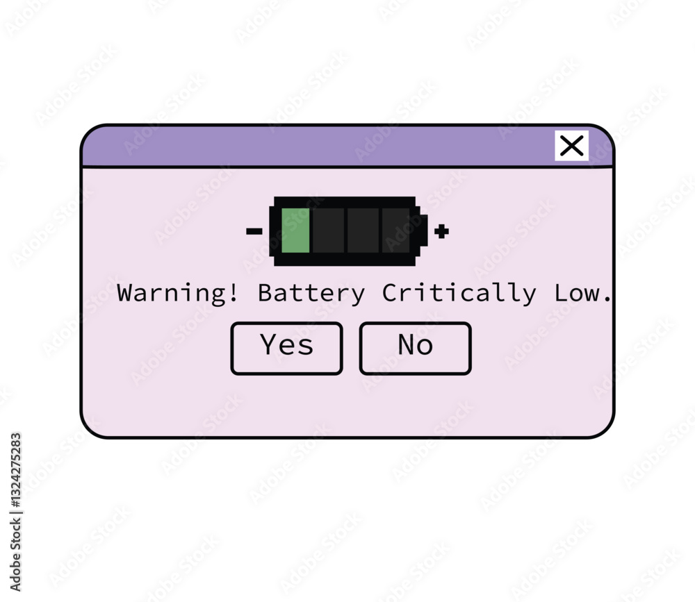 Computer dialog window in retro nostalgic style. Warning battery ...