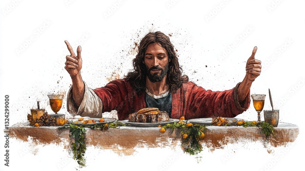 Jesus eating a meal at the last supper surrounded by disciples in a ...