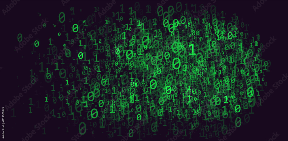Vector digital binary code background with glowing green numbers. Floating 0s and 1s cyber ...