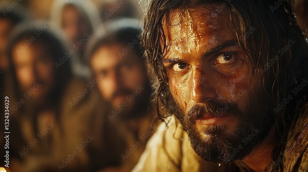 Judas among the disciples, watching Jesus wash feet with a conflicted ...