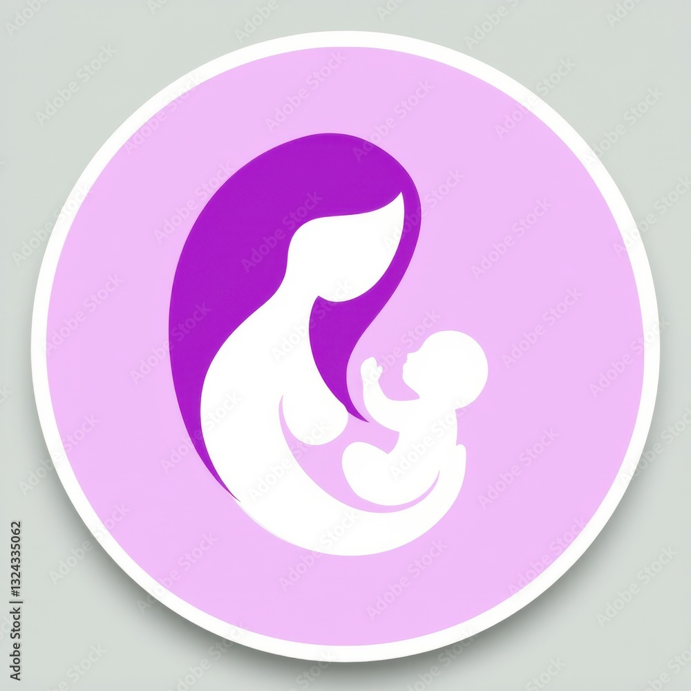 Icono logo silueta blanca madre cargando bebe dentro de un círculo lila ...
