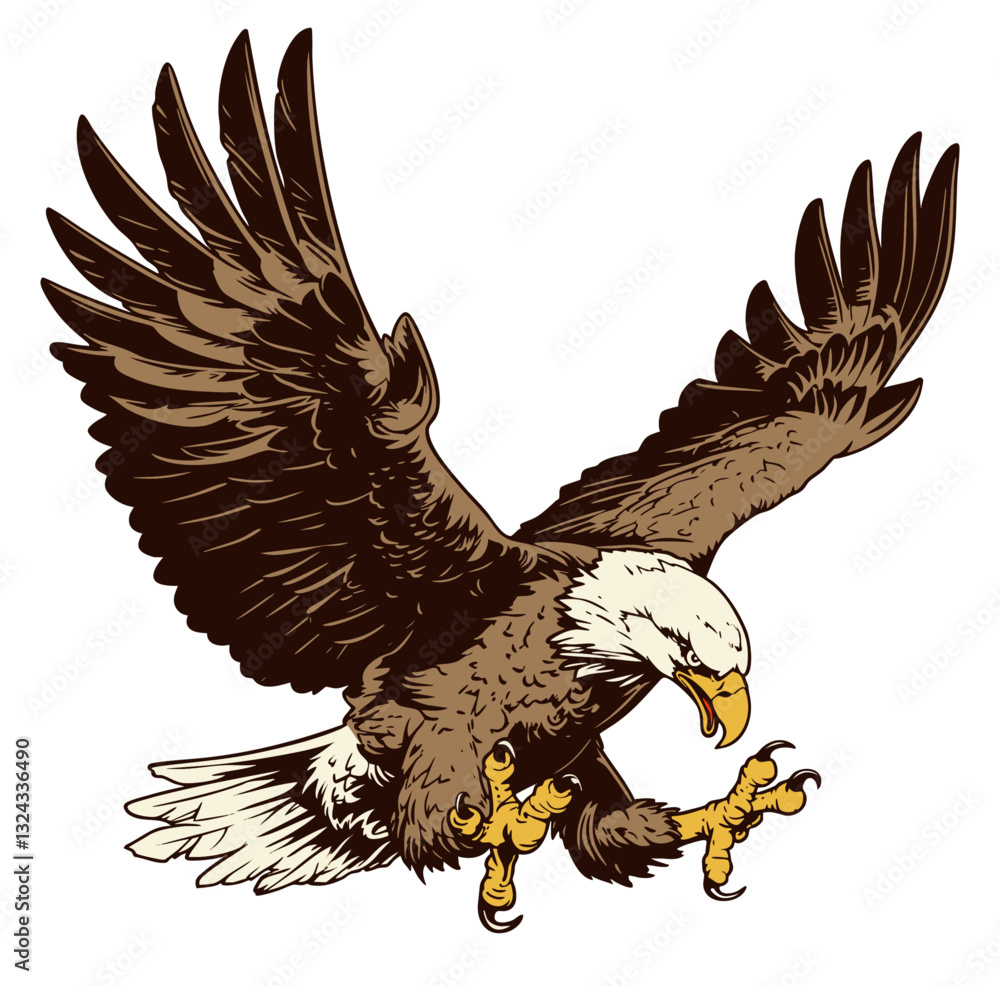 Detailed vector illustration of a bald eagle with wings spread wide ...