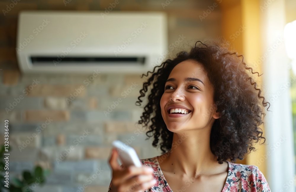 Smiling woman with remote control enjoys cool air from mini split ...