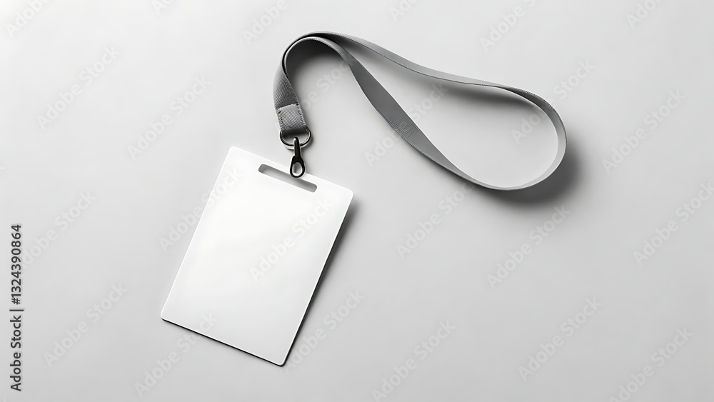 Id badge with blank white card and lanyard on neutral grey background ...