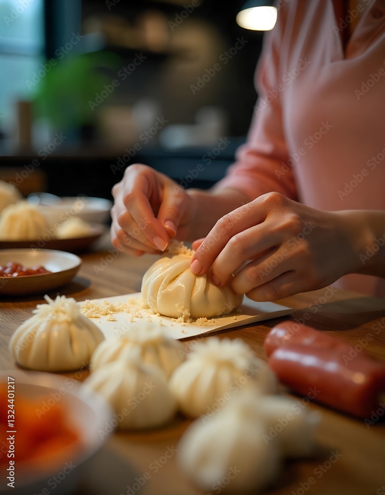 Hands preparing traditional zongzi (sticky rice dumplings) wrapped in ...