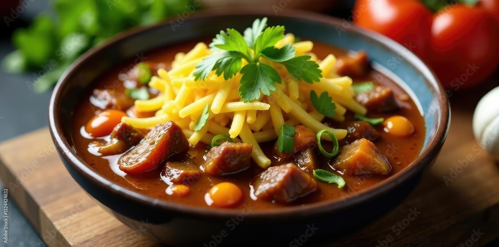 Ilustración de Stock Colorful toppings on top of Mexican beef birria ...
