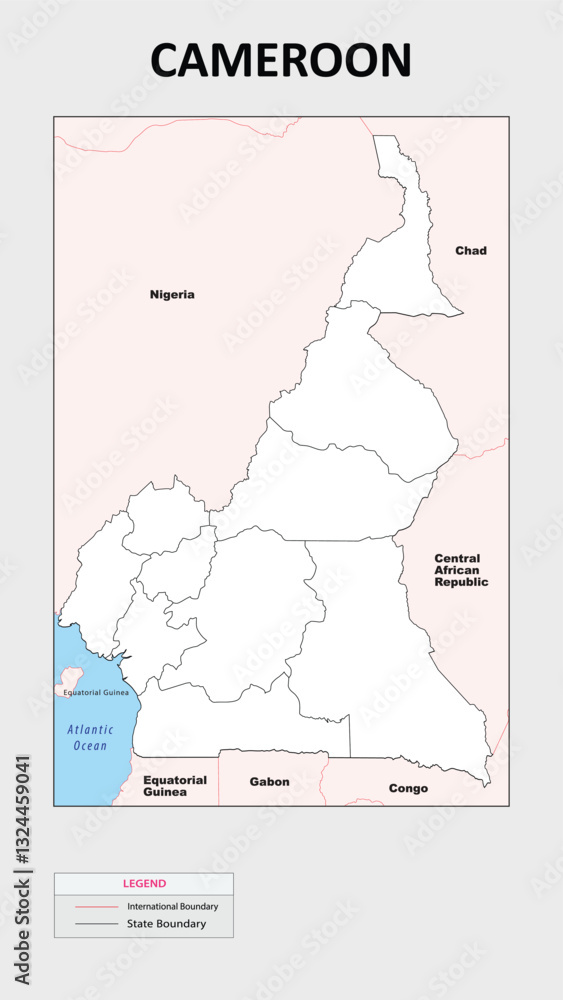 Cameroon Map. Political map of Cameroon with state border in outline. Political map of Cameroon ...