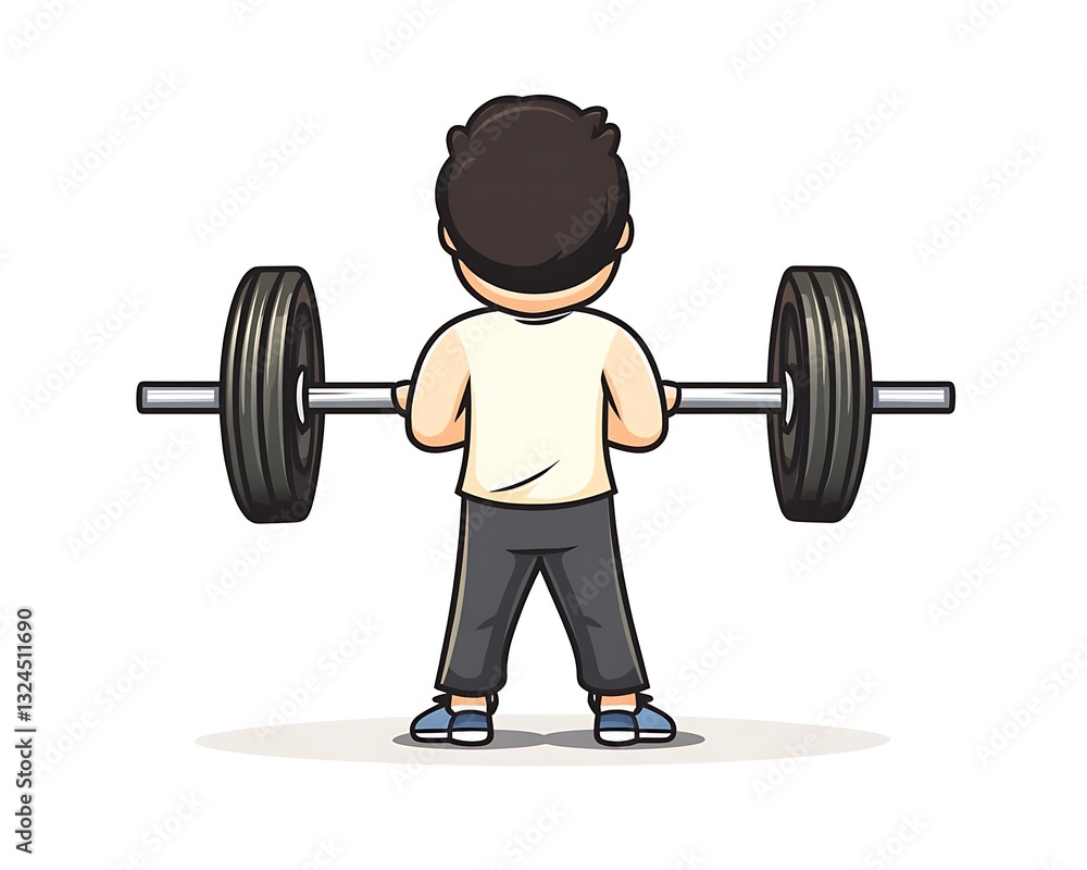 Boy lifting weights, gym cartoon, back view, fitness illustration Stock ...