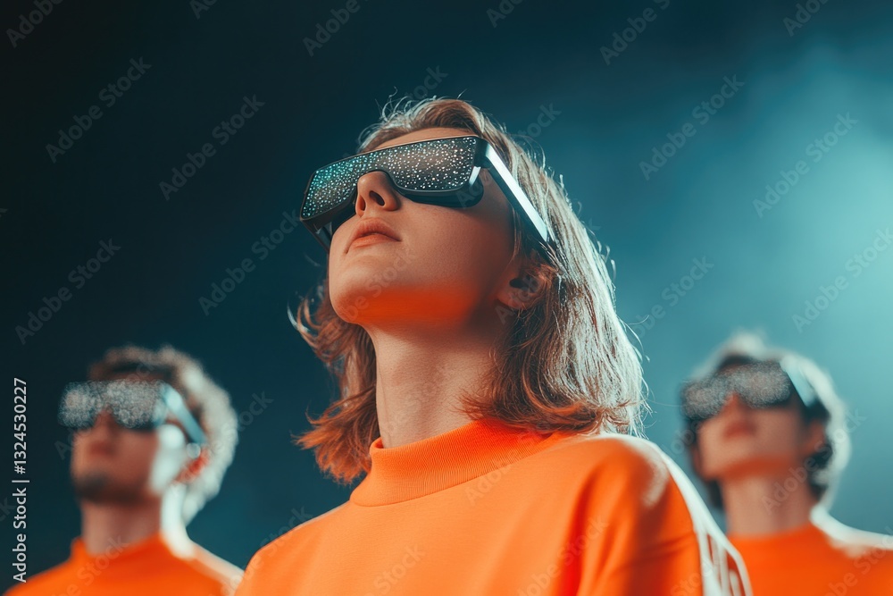 futuristic look at group of young tech enthusiasts wearing smart ...