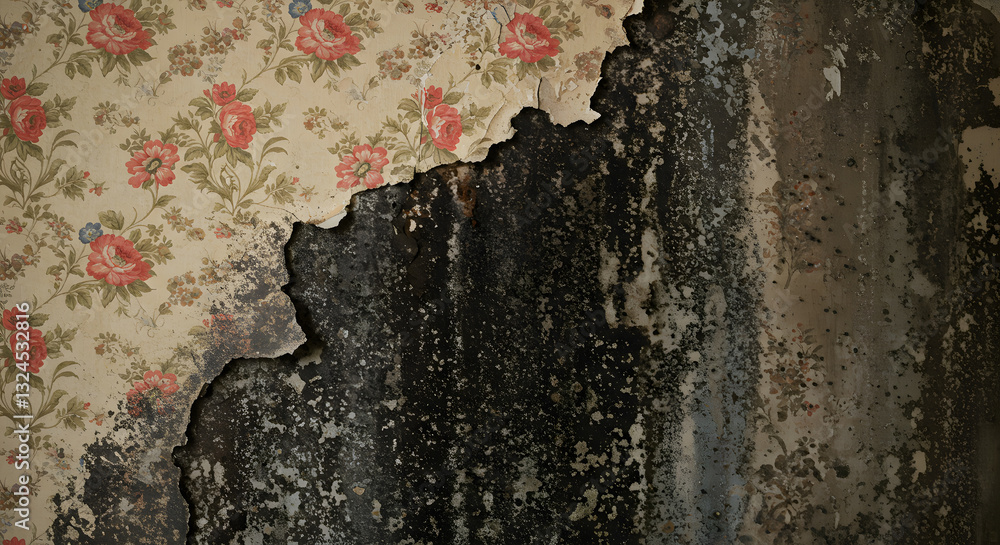 Floral wallpaper peeling off a wall, revealing black mold and decay in ...
