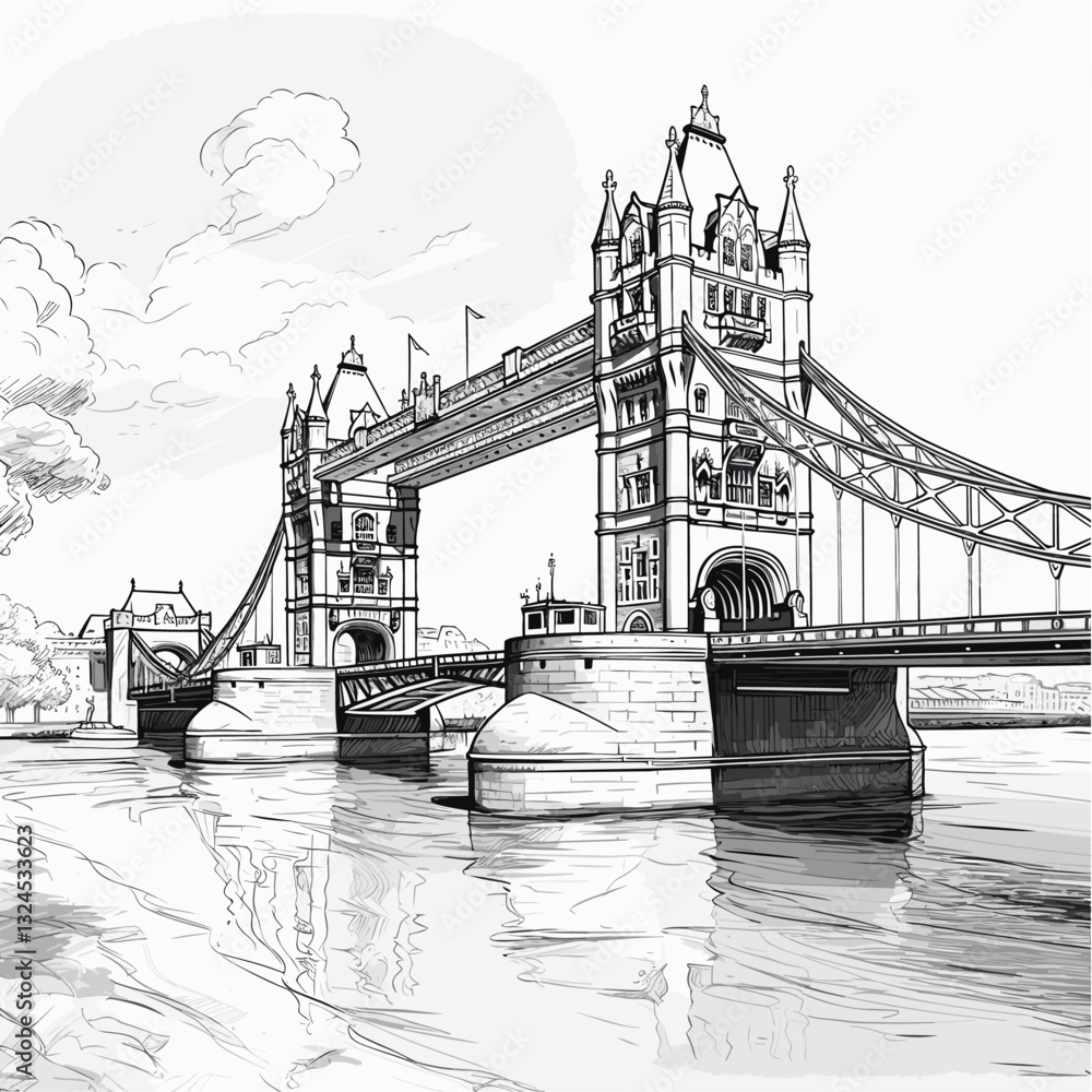 Tower Bridge hand-drawn comic illustration. Tower Bridge. Vector doodle ...