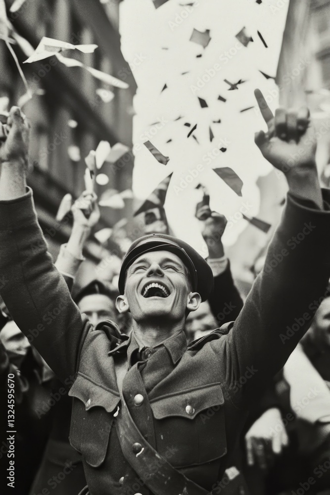 vintage portrait of soldier celebrating ve-day with jubilant friends ...
