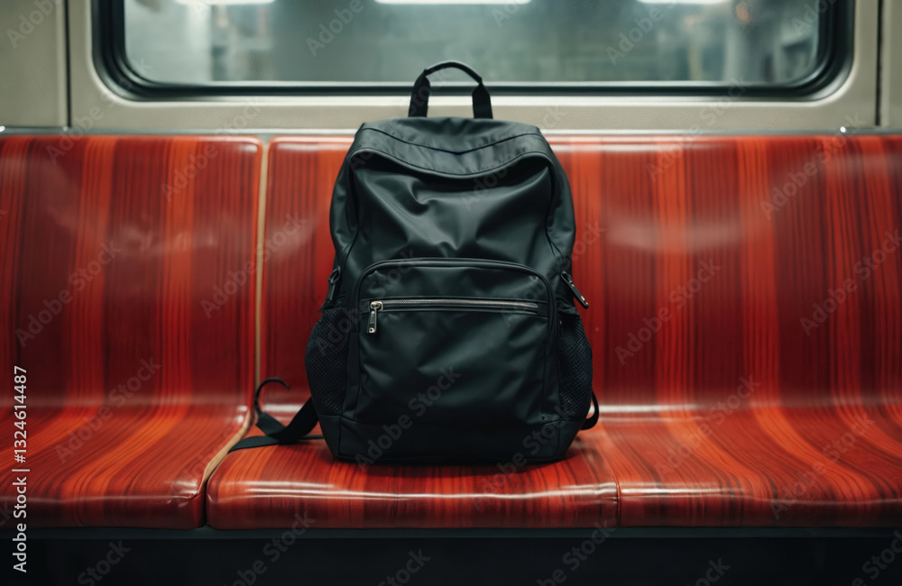 Black backpack, cabin baggage unattended on red seat in subway train ...