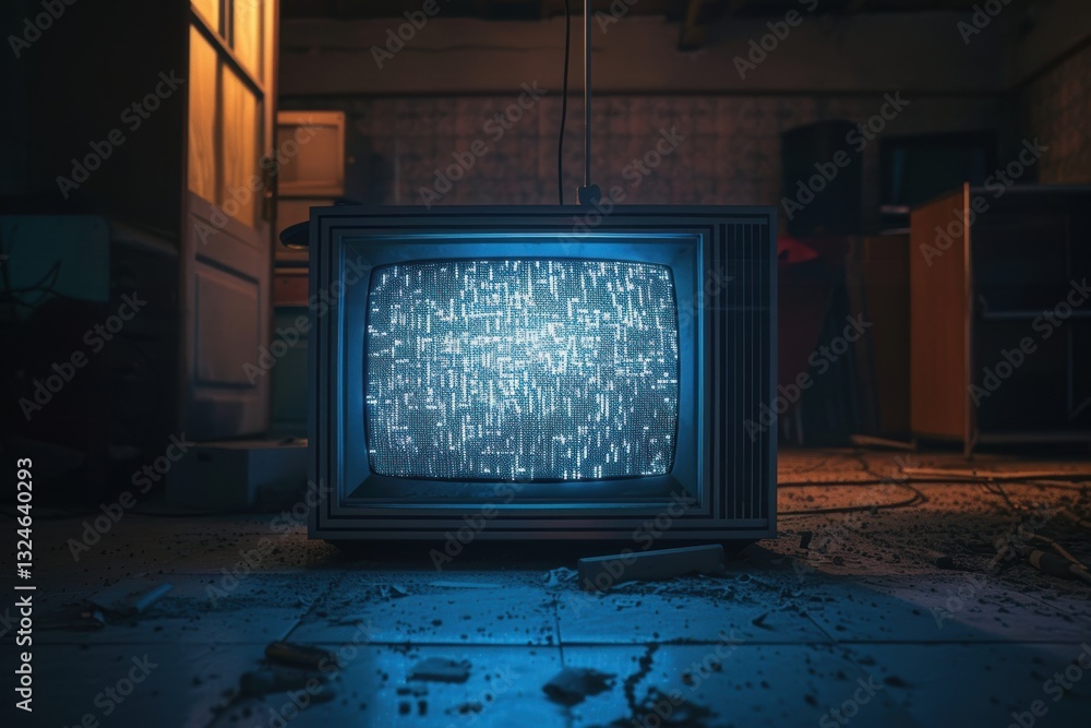 Vintage Television Displaying Static in Dark Room with Realistic ...