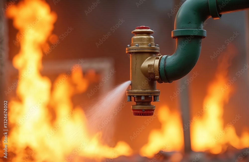 Fire extinguishing system sprinkler sprays water in front of flames ...