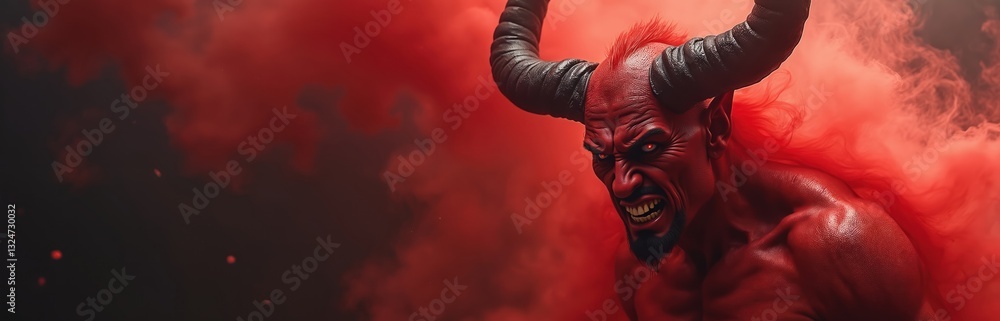Furious red devil with horns on hellish red smoke background. Satan ...