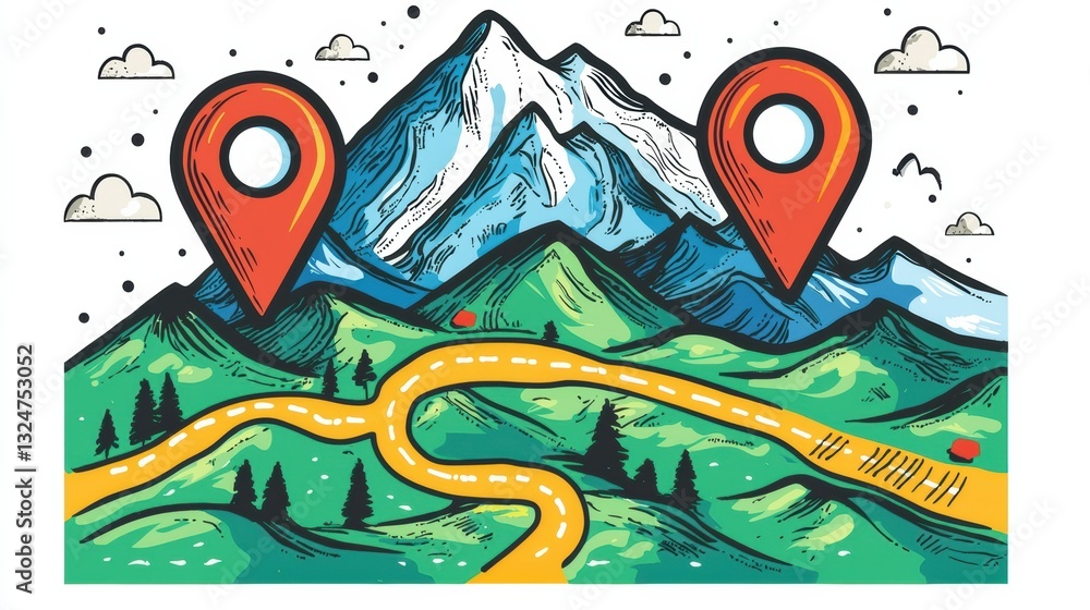 Journey through mountains with winding roads and location markers ...