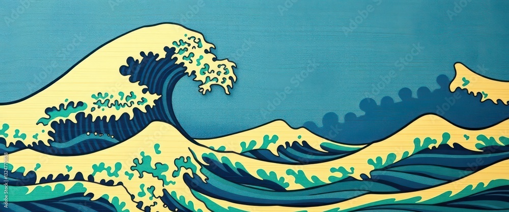 Stylized wave crests, vintage woodblock print aesthetic, ocean, sea ...