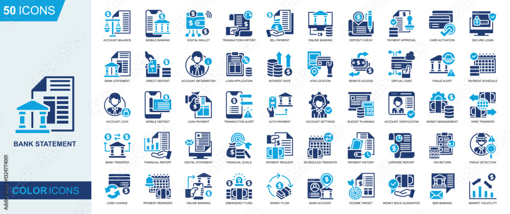 Bank statement icon collection set. Account Balance, Mobile Banking ...