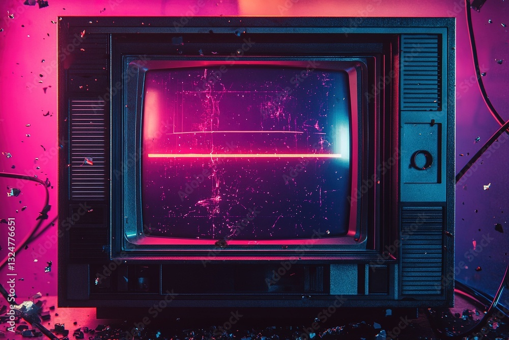 A VHS cover design from the 1980s, bold neon typography, cyberpunk ...