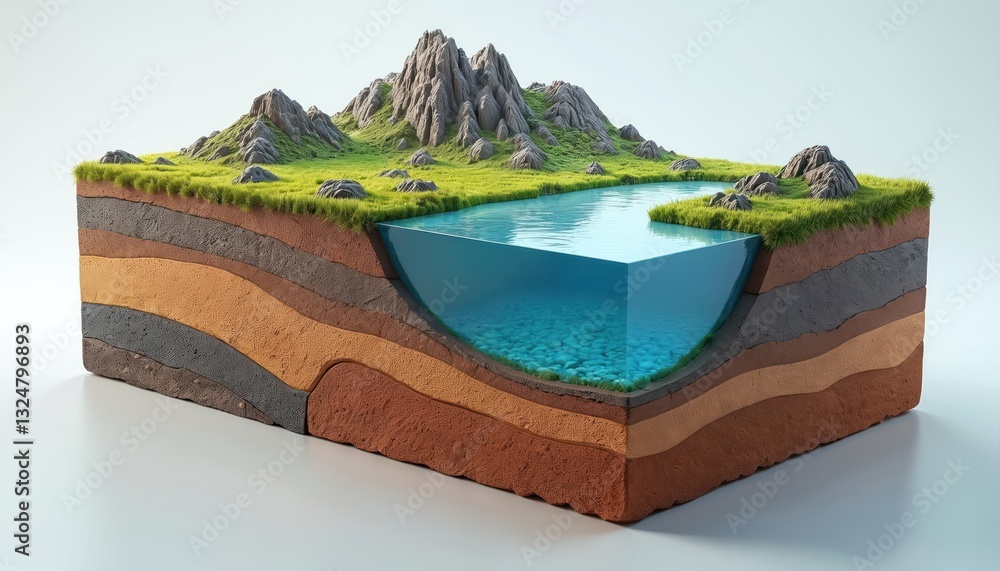 Geologic cross section model shows earth layers with mountains ...