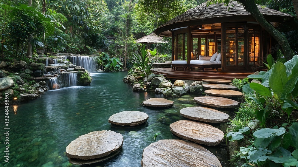 Hidden lagoon sanctuary with a stone pathway leading to a secluded ...