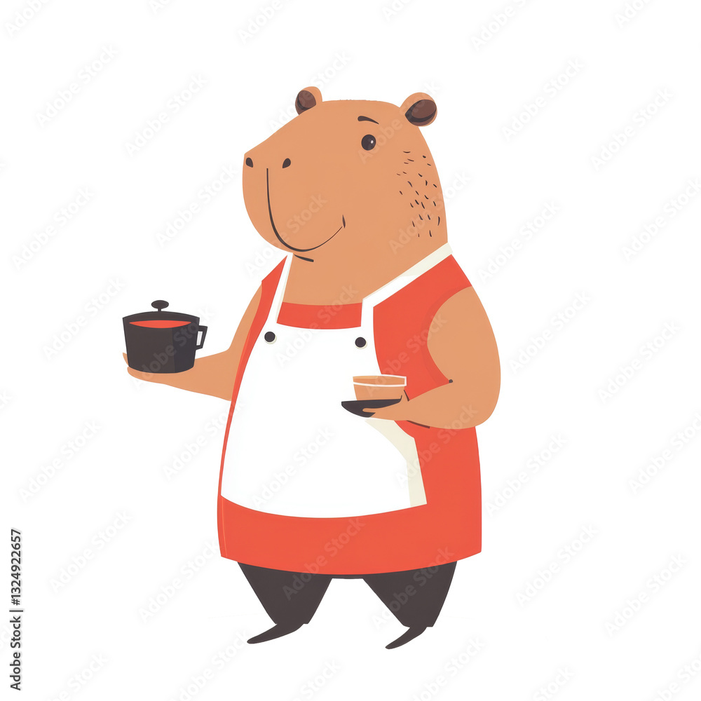 Cute capybara barista wearing glasses and an apron holding coffee cups ...