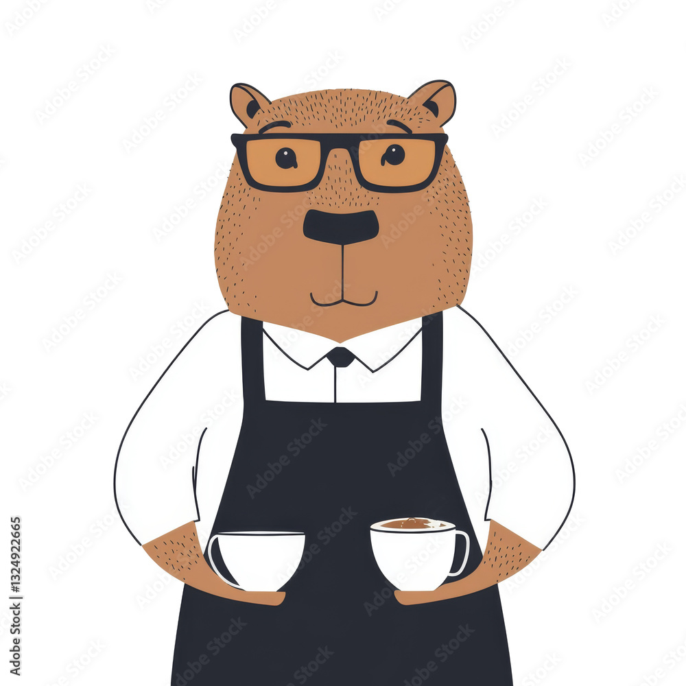 Cute capybara barista wearing glasses and an apron holding coffee cups ...