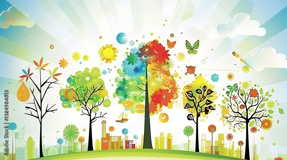 Dynamic vector illustration of Earth Day celebrations in a modern urban ...