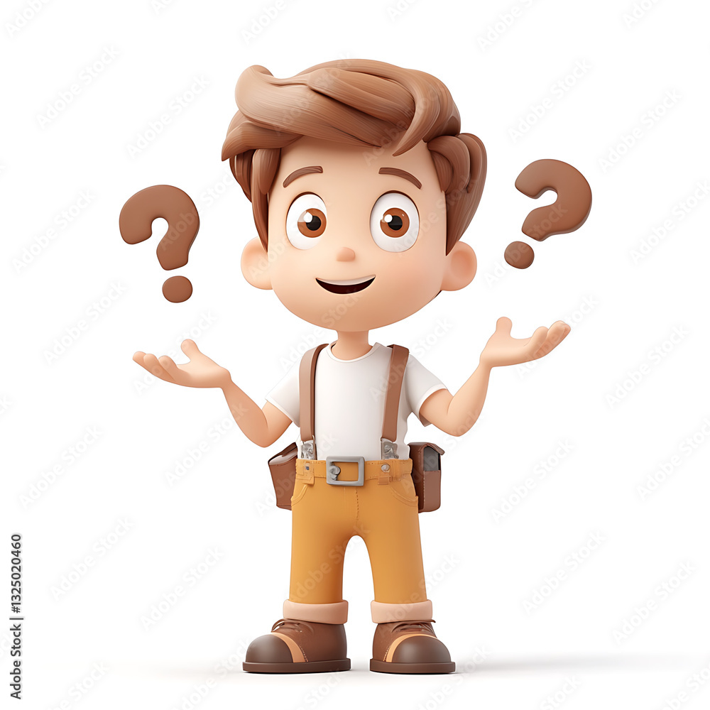 Cartoon boy shrugging with outstretched hands and question marks ...