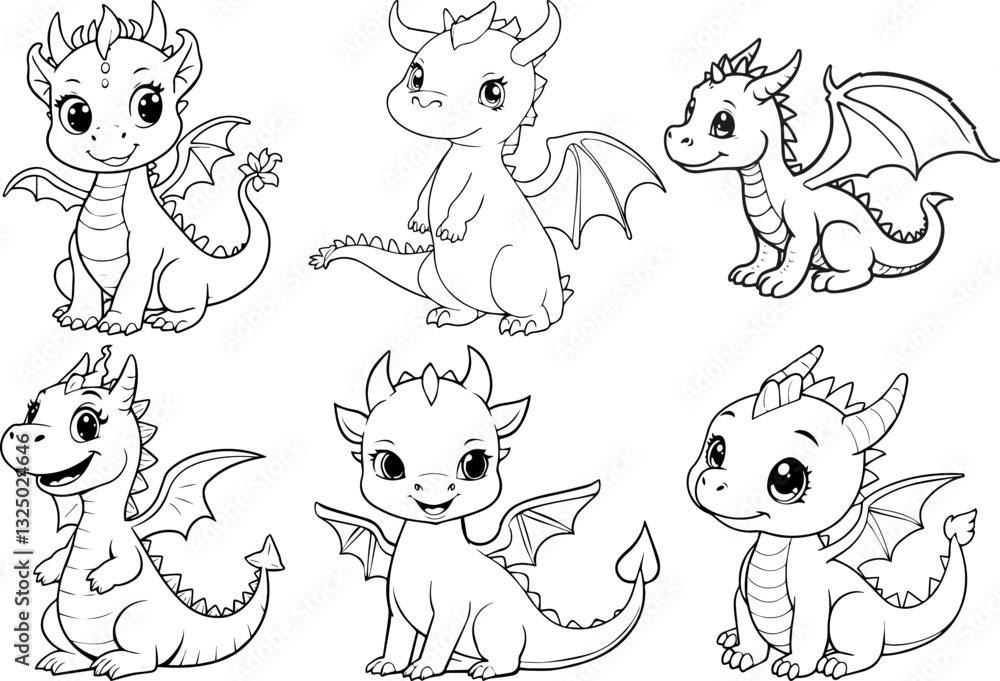 Set of Cute Baby Dragon Svg Files, Fantasy Dragon outline Clipart ...