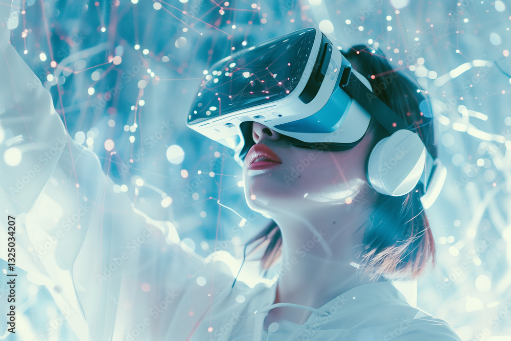 School student wearing VR headset using AI artificial intelligence ...