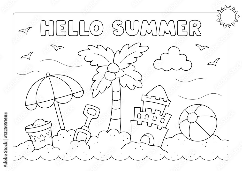 hello summer coloring page in A4 size, beach theme. You can print it on ...