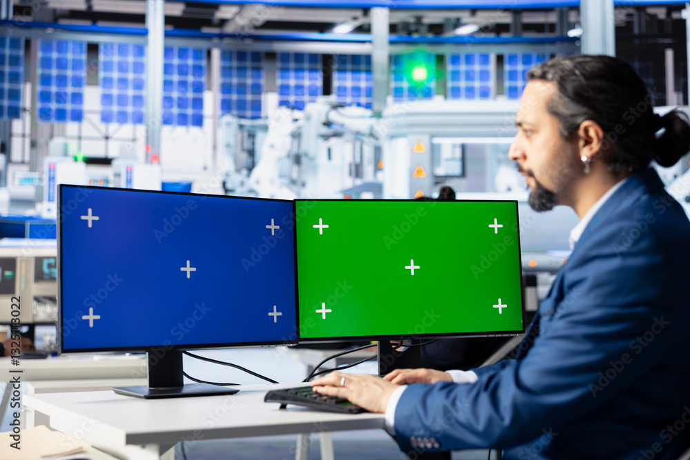 Engineer in photovoltaics factory reviewing system logs on isolated ...