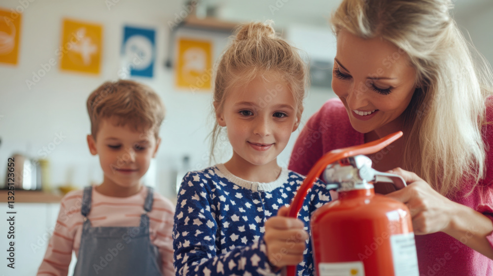 Family learning fire safety with hands-on fire extinguisher training ...