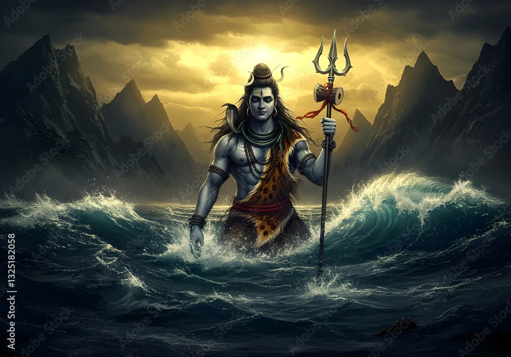 Lord Shiva Emerging from the Ocean: The Divine Mahadev Holding His ...