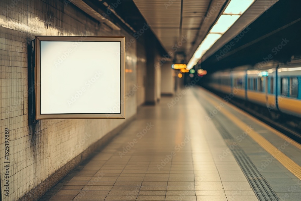 Empty White Advertisement Sign in Subway Station with Train Approaching ...