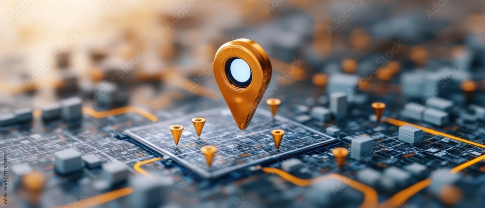 Map featuring a gold pin pointing to a city location signifying ...