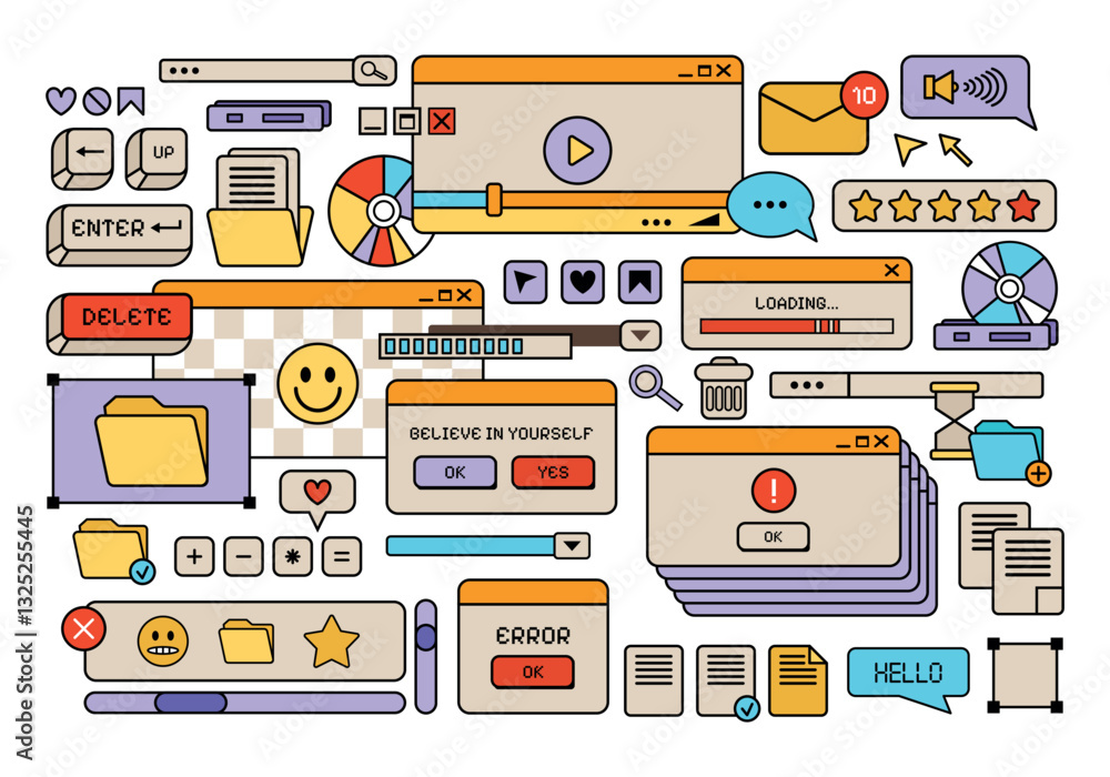 Retro style Y2K UI and UX elements flat set. Retro frames and computer ...