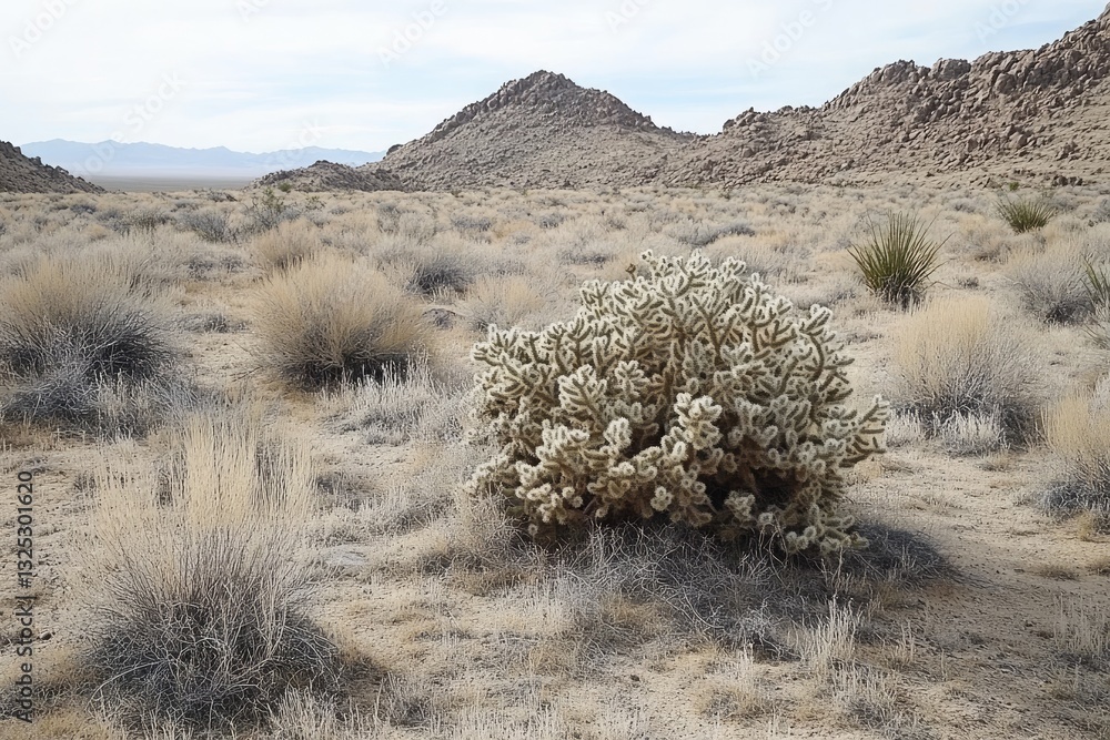 Desert landscape with low-lying plants. Dry, light-brown, arid terrain ...