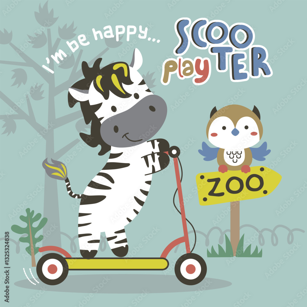 Cartoon zebra riding a scooter near a zoo sign with an owl sitting on ...