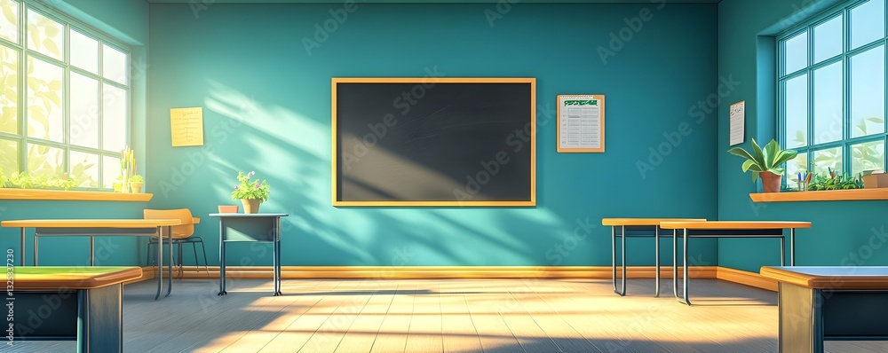 Engaging primary school classroom with desks and chalkboard ready for ...