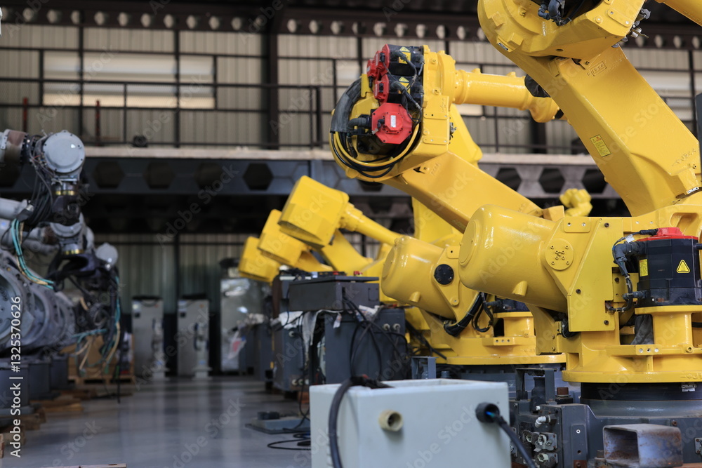 Row of Advanced Robotic Arms inside Plant Assemble Robot for Automotive ...