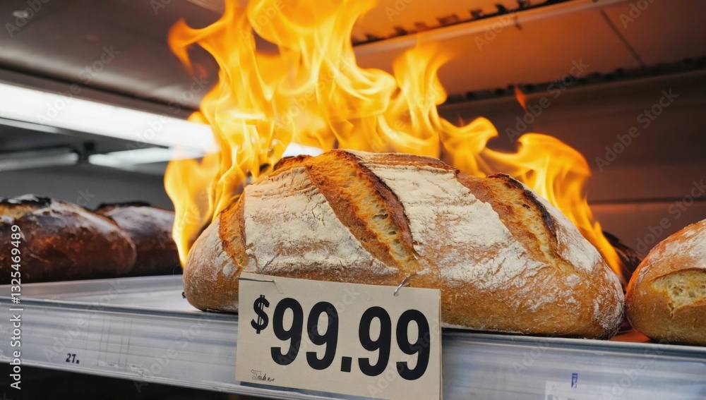 Flaming bread display in supermarket with high price tag promoting ...