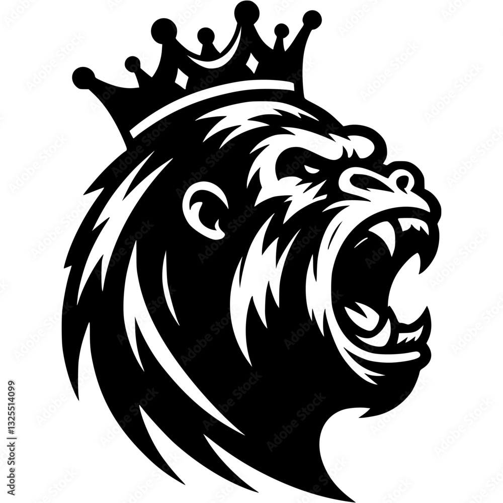 Tattoo of roaring gorilla with a crown on his head in monochrome. Giant ...